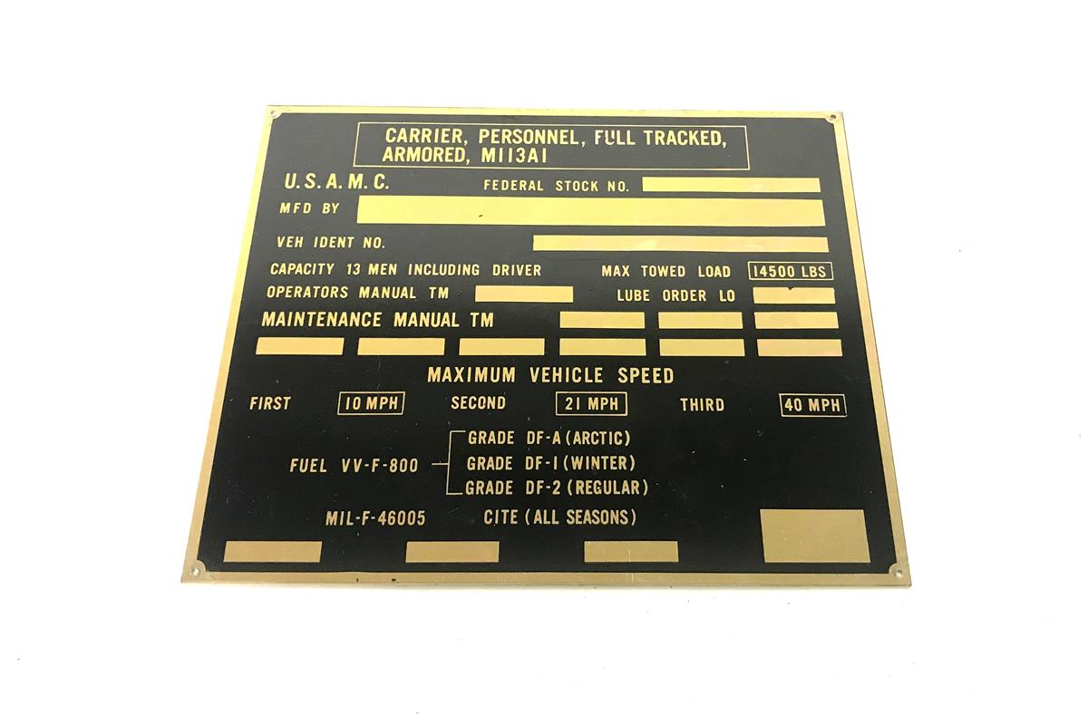 M113A1 Personnel Carrier Data Plate